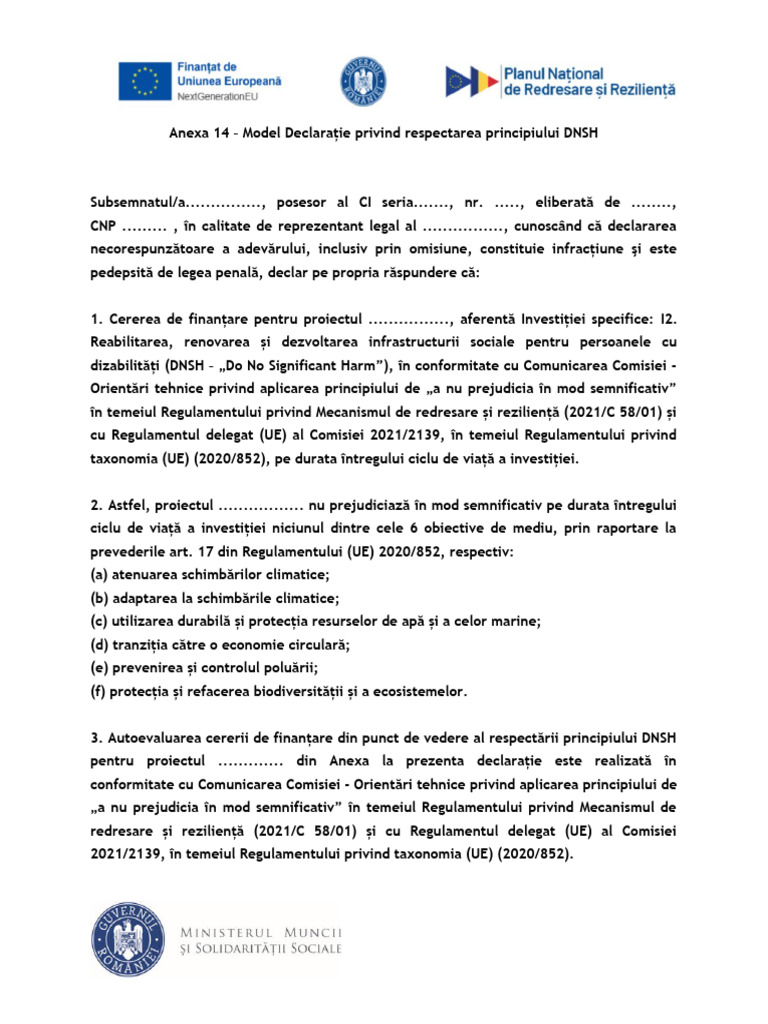 ANEXA 14 - MODEL Declarație Privind Respectarea Principiului DNSH | PDF