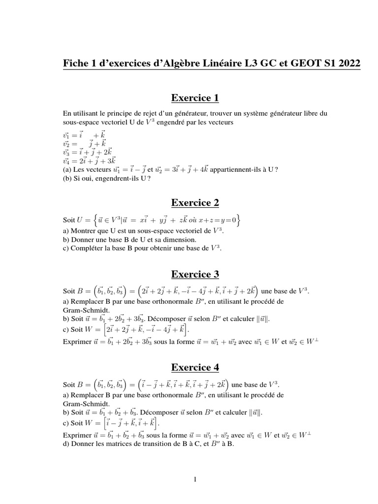 Fiche 1 Exercices Algebre Lineaire S1 2022 | PDF