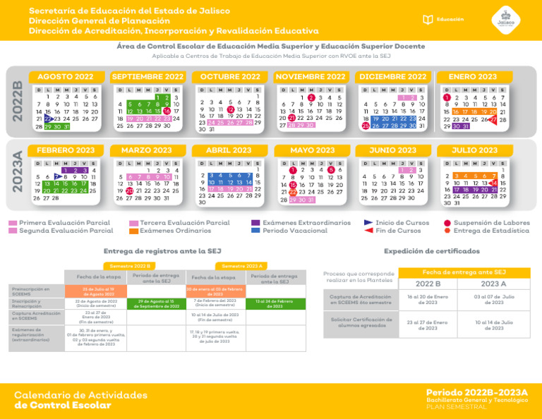 Calendario Bachillerato General y Tecnologico Plan Semestral 2022b ...