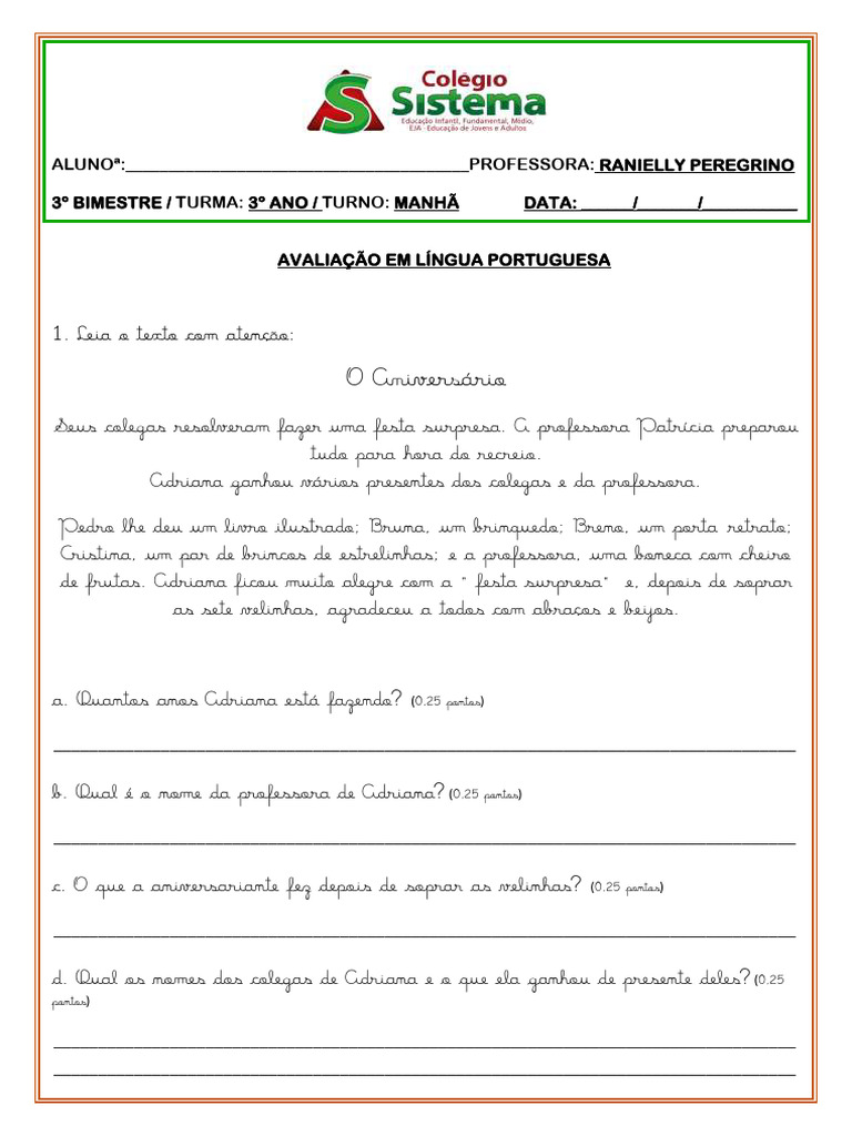 Prova 3º Ano | PDF