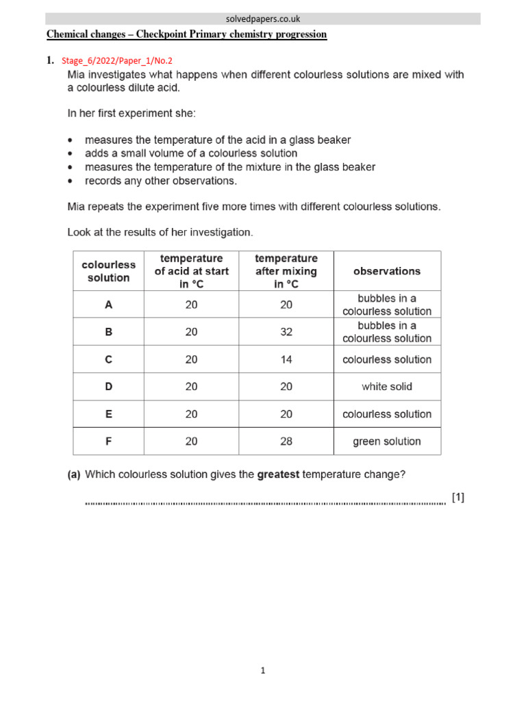 2022 - 14 Chemical Changes Checkpoint - Primary Chemistry Progression | PDF