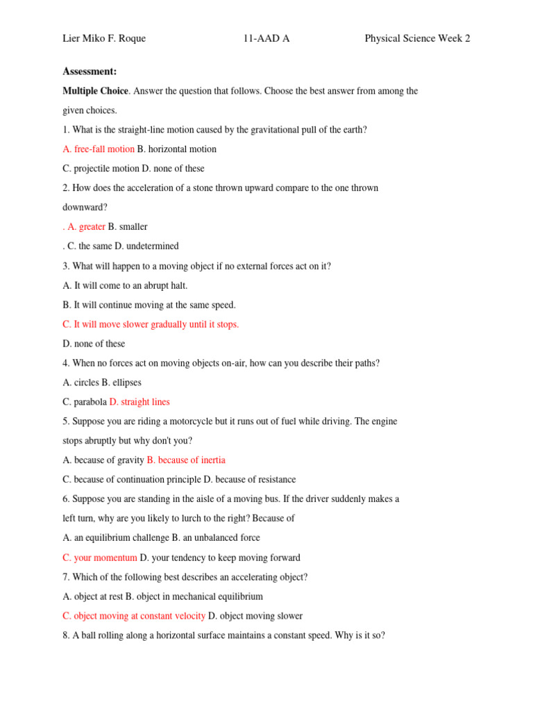 Assessment Week 2 Phyl Sci | PDF | Force | Acceleration