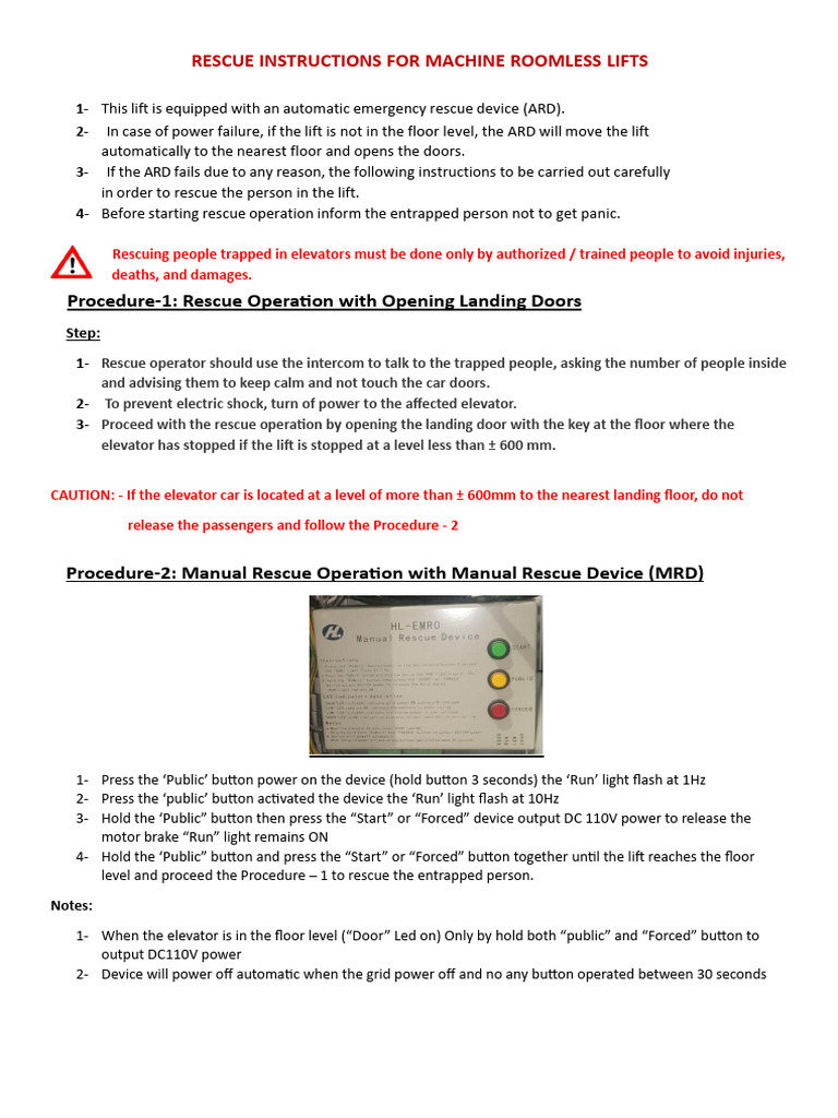 Rescue Instructions For Machine Roomless Lifts | PDF