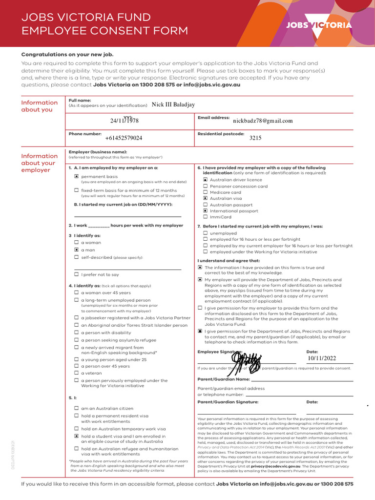 Jobs Victoria Fund Employee Consent Form (Updated July 2022) | PDF ...