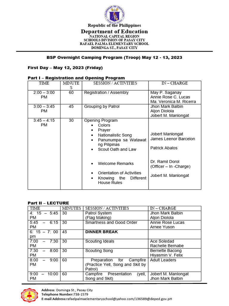 BSP Matrix - Overnight Camping - May 12-13 2023 | PDF