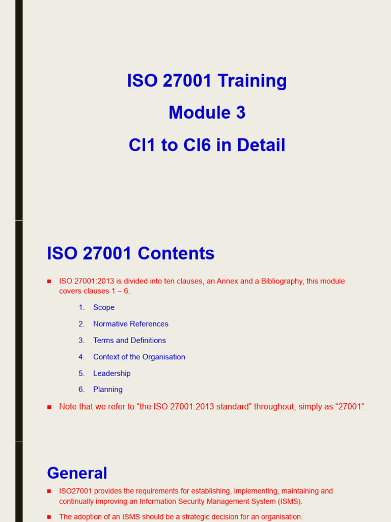 ISO 27001 Training Module 3 - Cl1 To Cl6 in Detail | PDF | Information Security | Risk