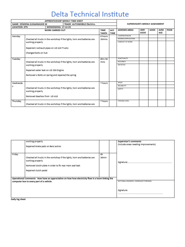 Delta Technical Institute - Apprentice Weekly Time Sheet Log | PDF ...