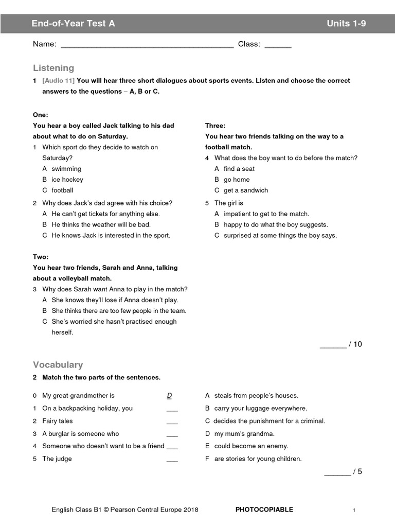 ECB1 - Tests - End-of-Year Test A - New2018 | PDF