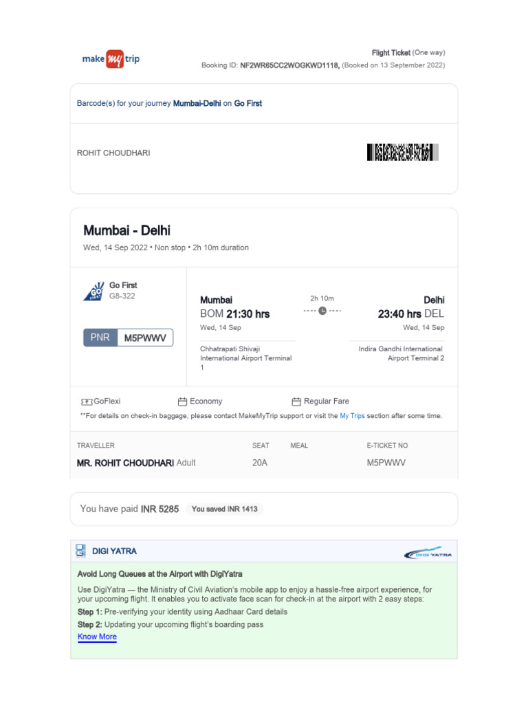 Mumbai to Delhi Flight Ticket Details | PDF