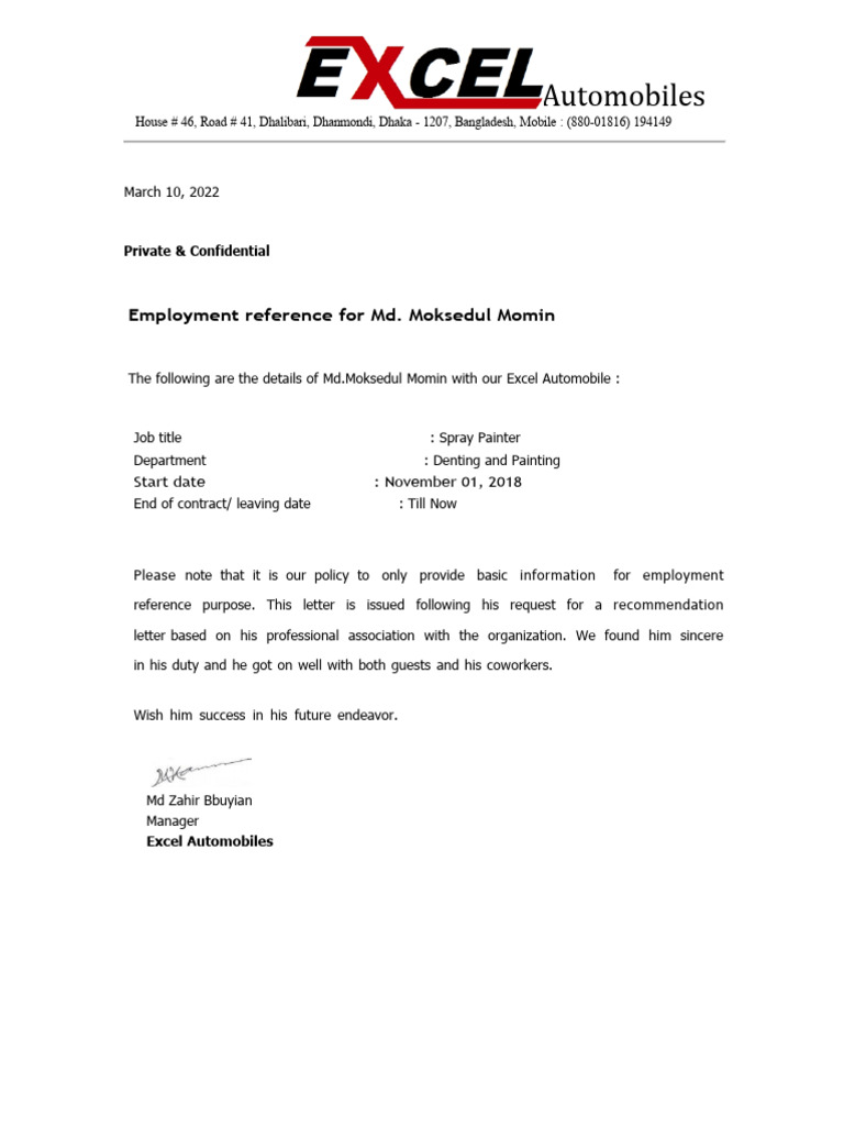Employment Reference Automobile | PDF