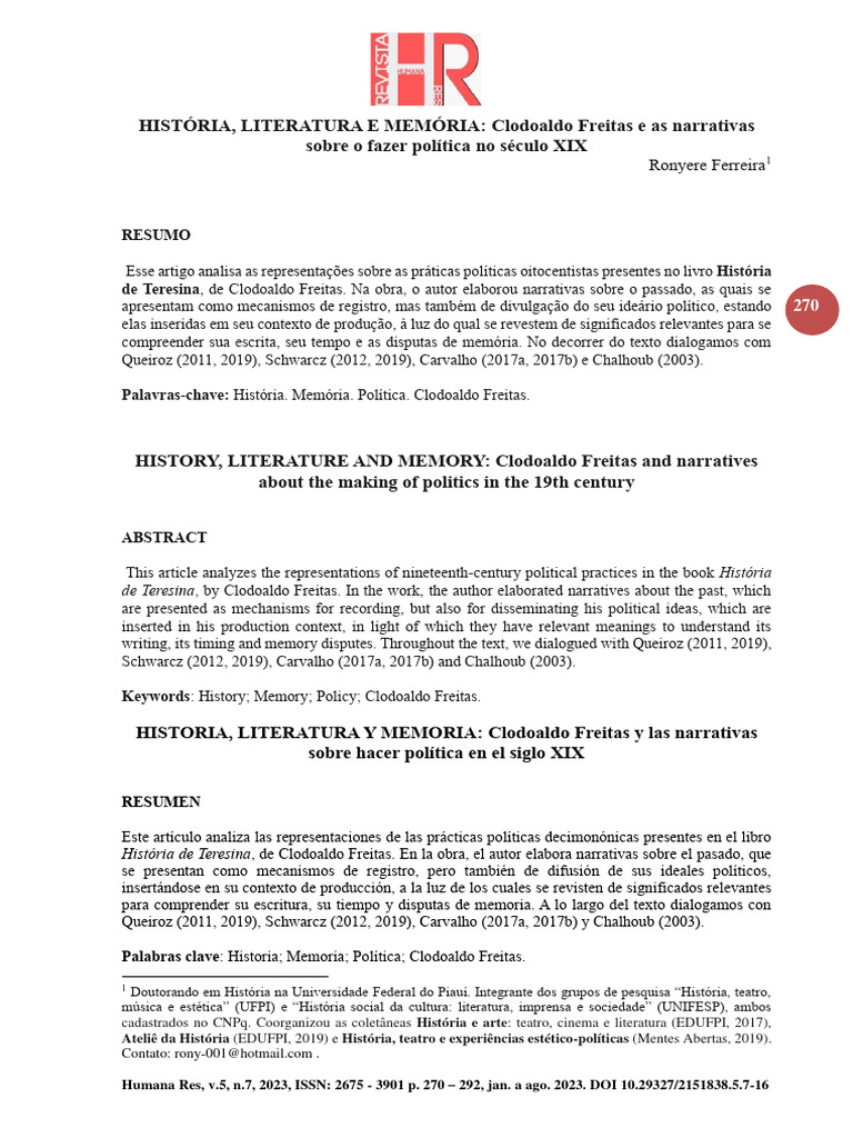 HISTÓRIA, LITERATURA E MEMÓRIA: Clodoaldo Freitas e As Narrativas Sobre ...