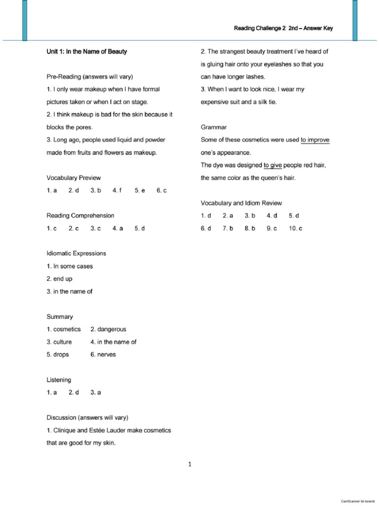 Reading Challenge 2 - 2nd - Answer Key | PDF