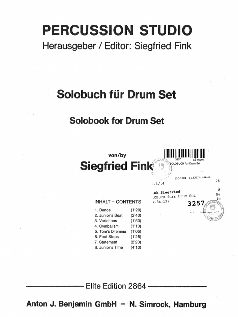 Fink, Siegfried PERCUSSION STUDIO Solobook For Drumset PDF | PDF