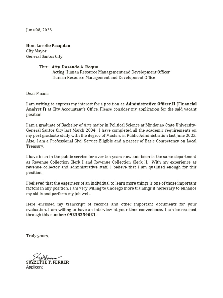 Application Letter - Admin Officer II | PDF