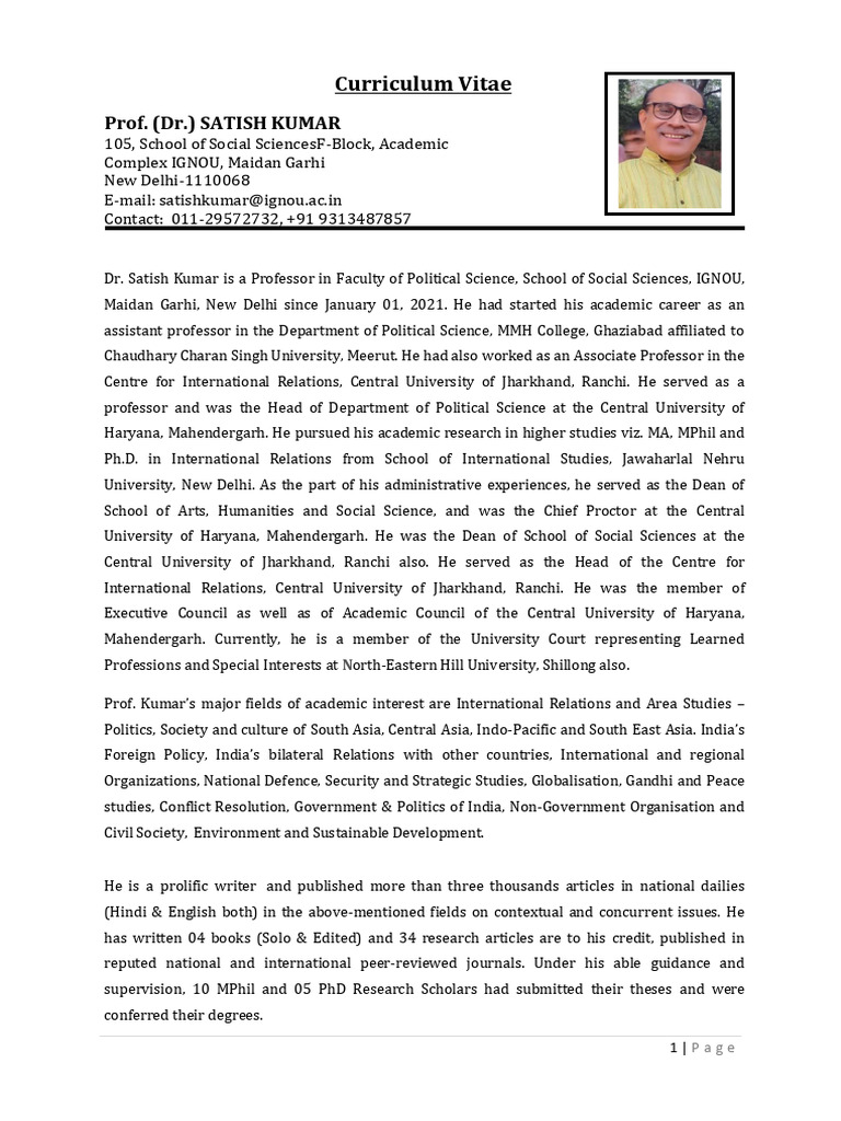 Curriculum Vitae (Satish Kumar - Professor-Pol Science, IGNOU) | PDF