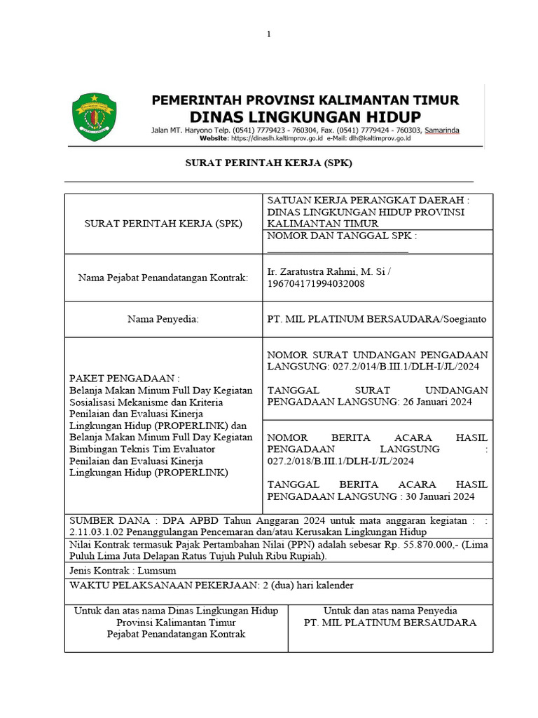 Contoh Surat Perintah Kerja (SPK) | PDF