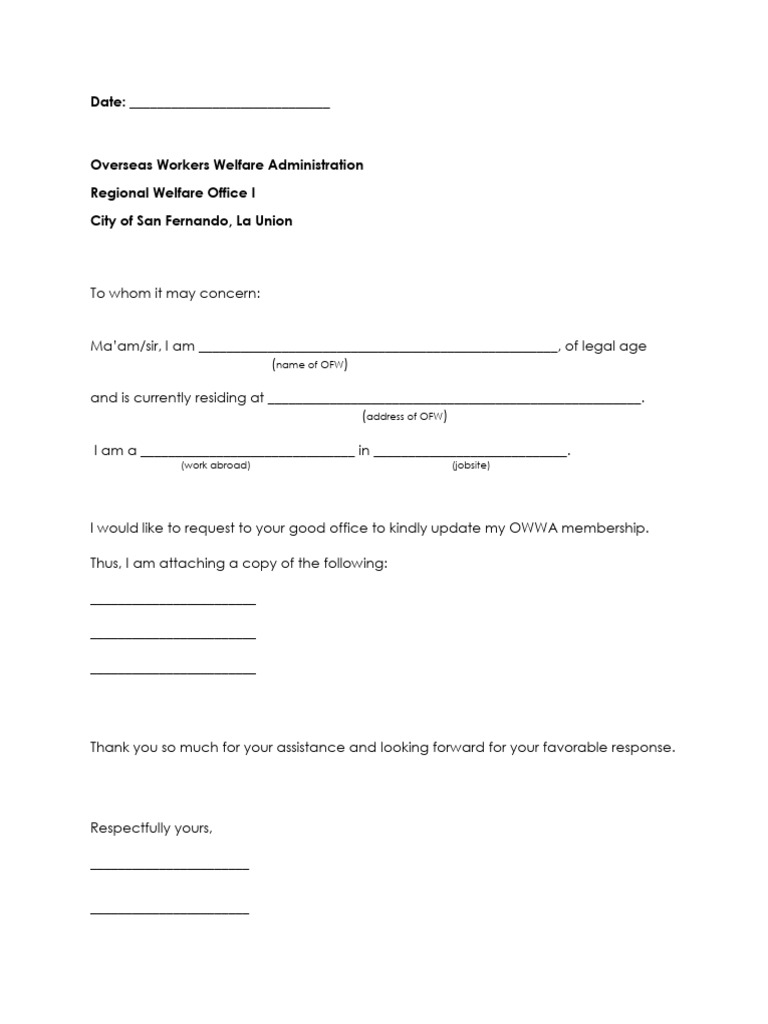 Request For OWWA Membership Update | PDF