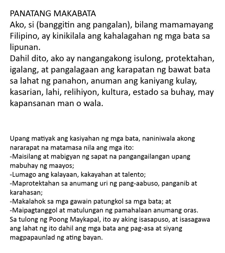Panatang Makabata | PDF Panatang Makabata | PDF