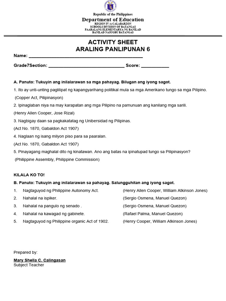 Activity Sheet AP 6 q2 | PDF
