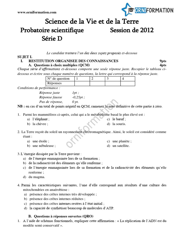 Orniformation Probatoire 2012 D SVT | PDF