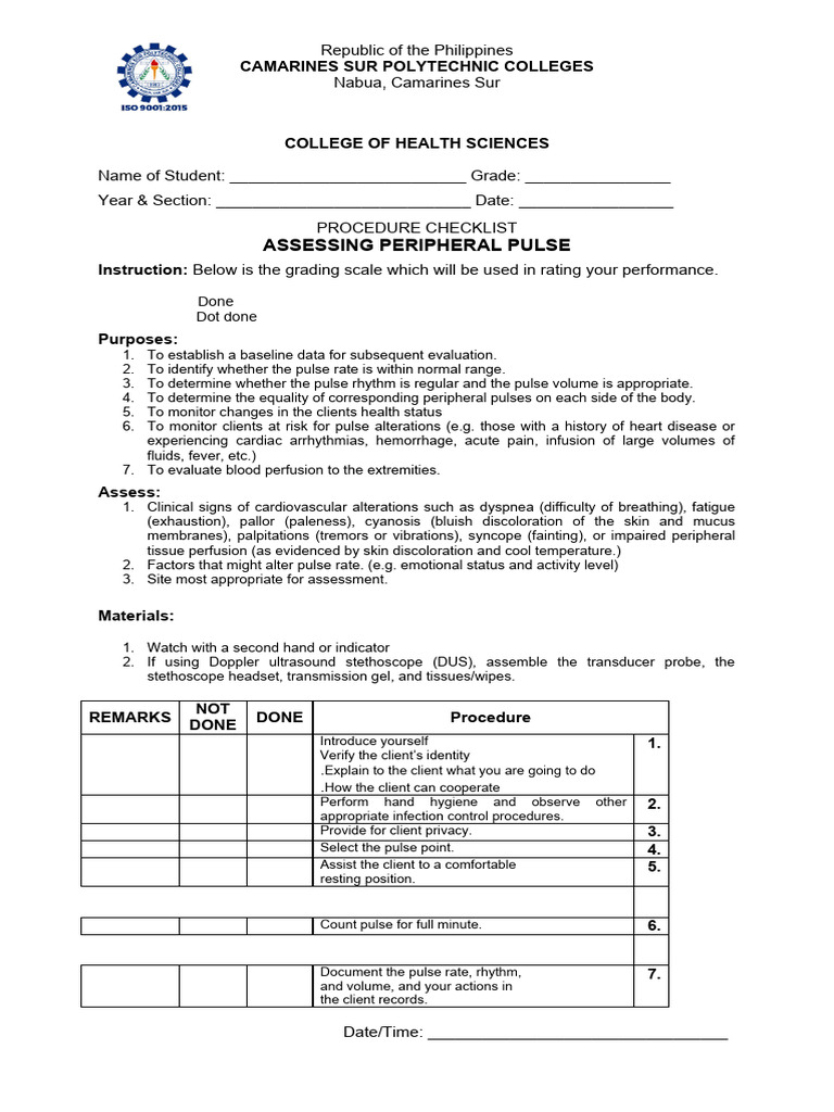 Pulse Rate Checklist | Download Free PDF | Pulse | Heart