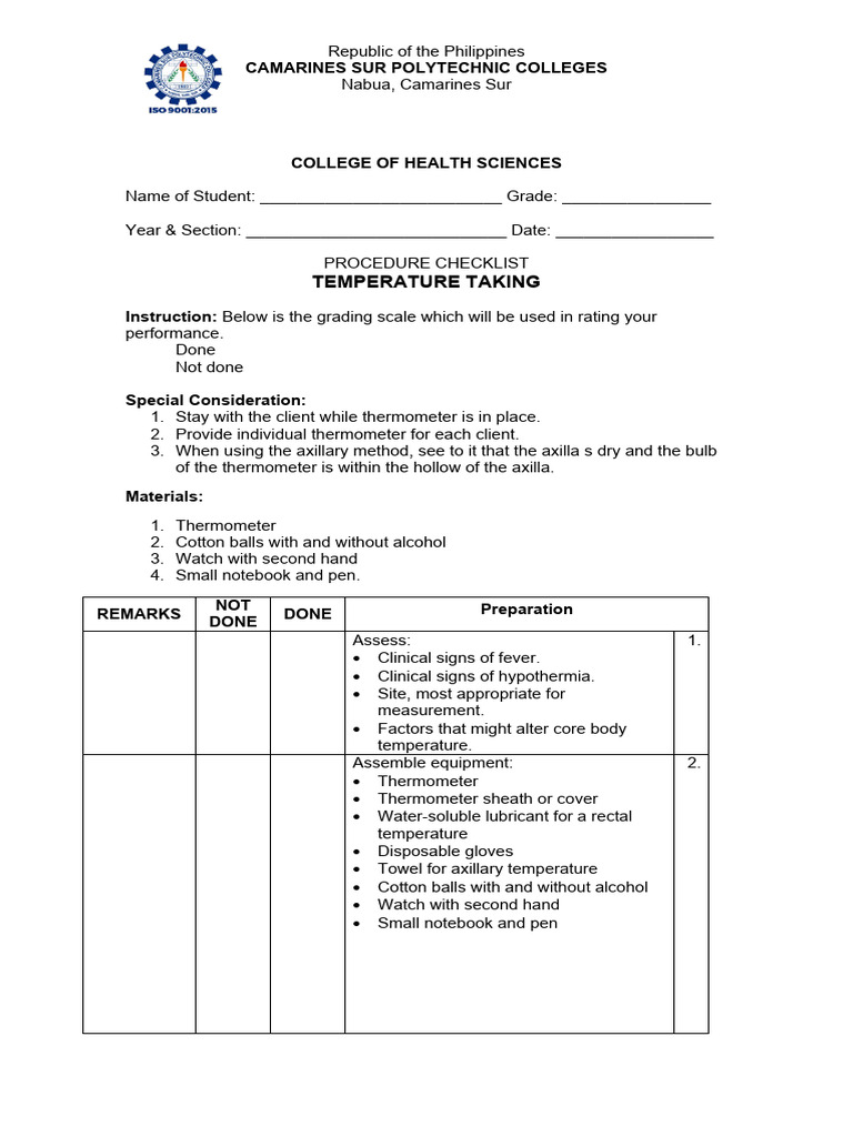 Temp Checklist | PDF | Thermometer | Clinical Medicine