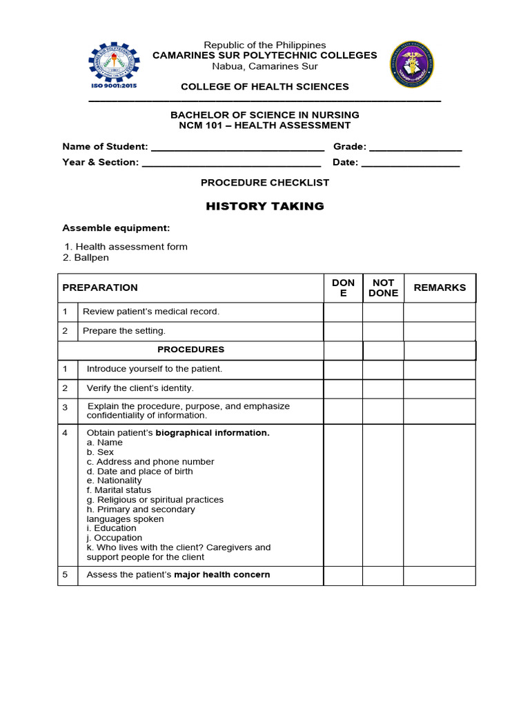 History Taking Checklist | PDF