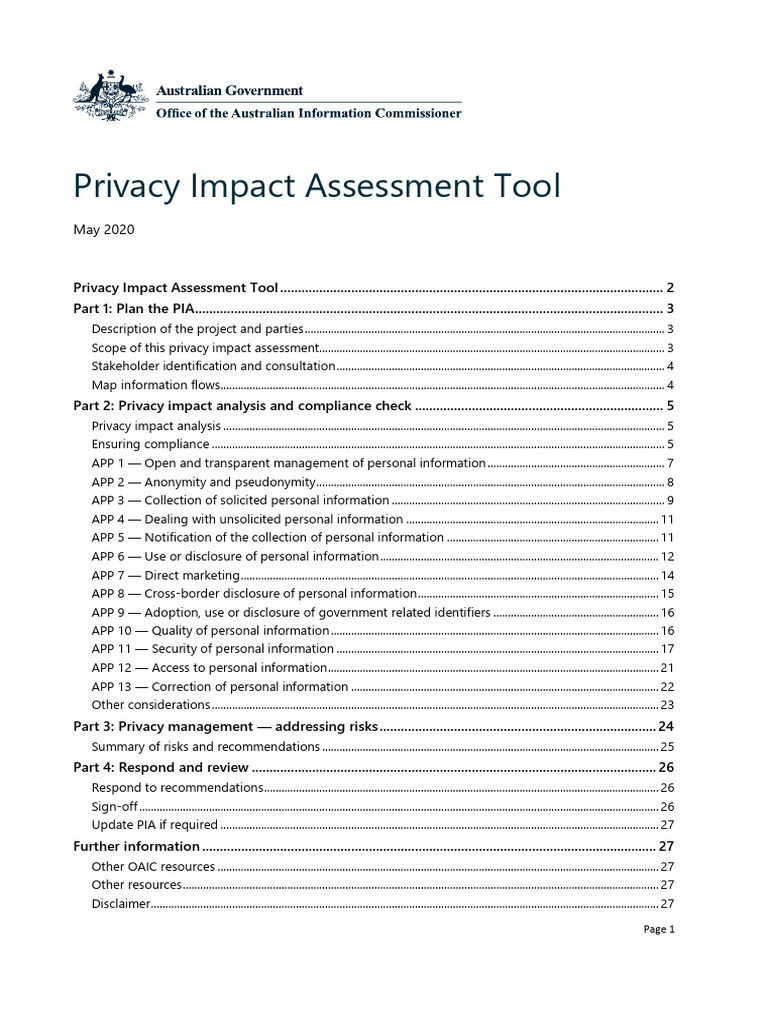 OAIC - PIA Tool | PDF | Risk | Privacy