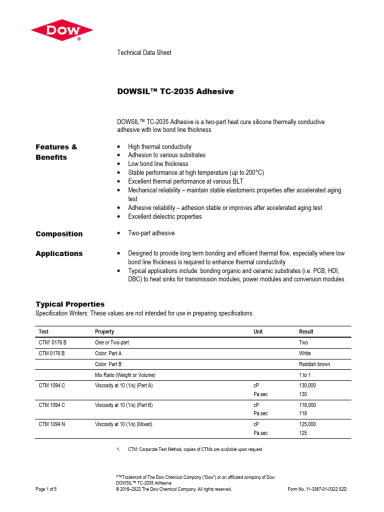 11 3367 01 Dowsil TC 2035 Adhesive Tds | PDF | Adhesive | Silicone