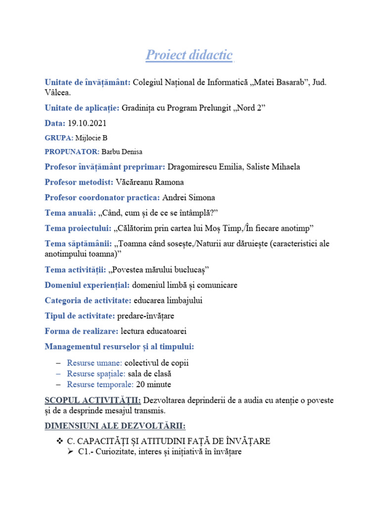 Proiect Didactic DLC-1 | PDF