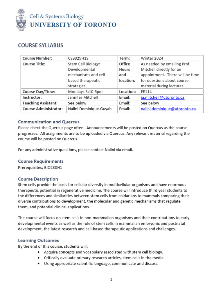 CSB329 Winter 2024 Syllabus | PDF | Stem Cell | Academic Dishonesty