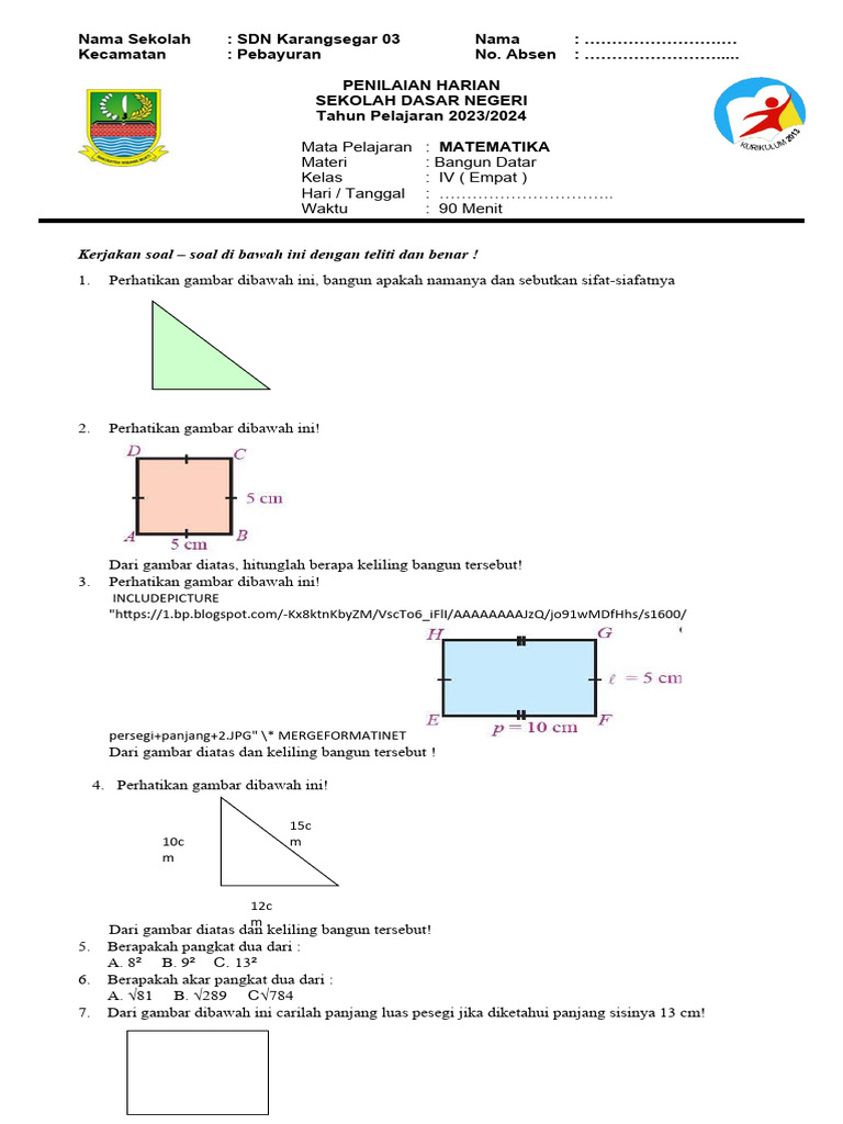 Soal PH Kelas 4 Semester 2 Bangun Datar - SDN Karangsegar 03 | PDF