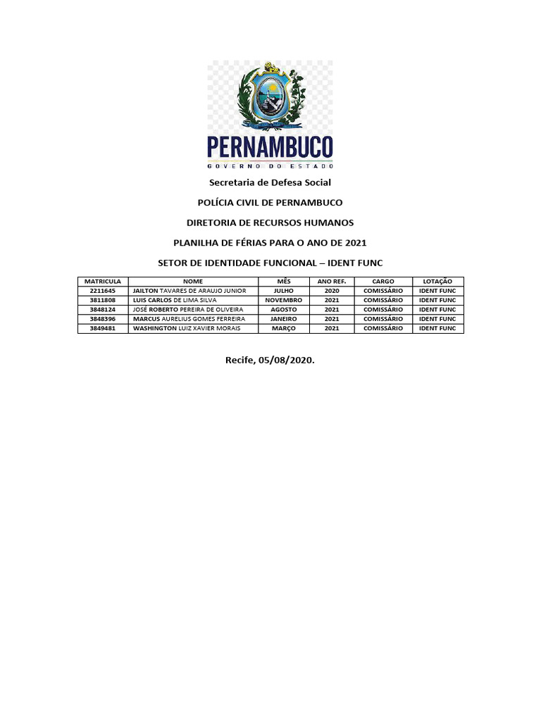 Plano de Ferias 2021 Da Ident Func | PDF