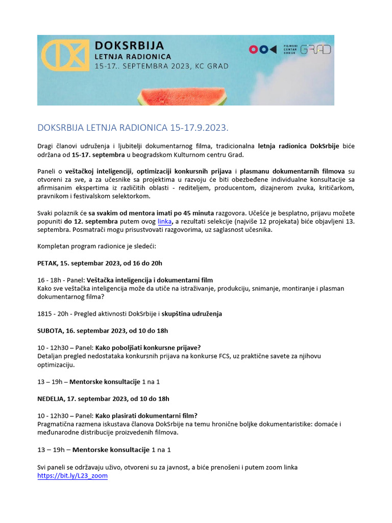 DOKSRBIJA LETNJA RADIONICA 2023 Poziv | PDF