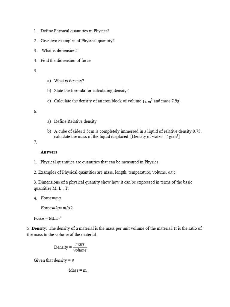 Physics Test 1 | PDF | Density | Volume