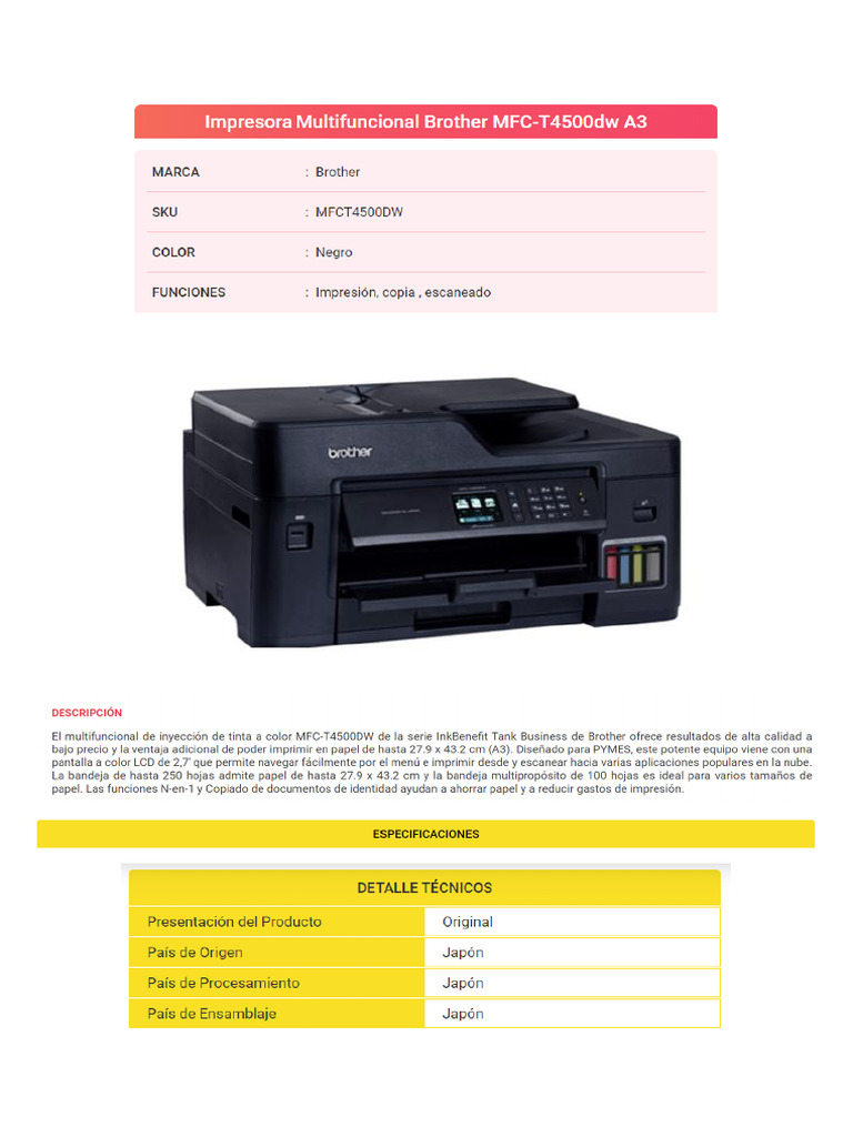 Impresora Multifuncional Brother MFC-T4500dw | PDF