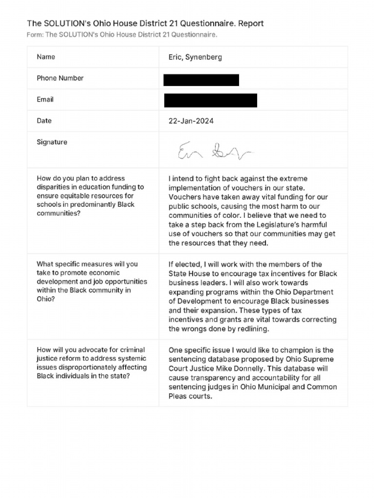 Candidate Eric Synenberg's Questionnaire For Ohio House District 21 To ...