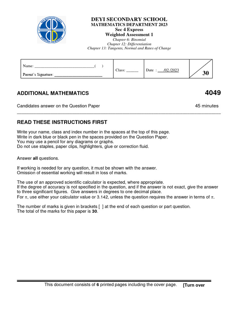 2023 WA1 Binomial, Differtn, Tangent & Normal v1 QP | PDF | Slope ...