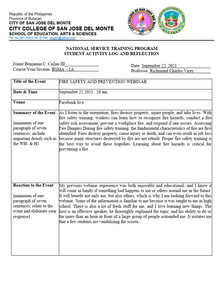 National Service Training Program Reflection Log 1 | Download Free PDF ...