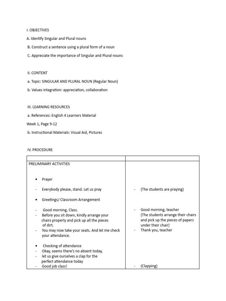 Detailed Lesson Plan in English: Singular and Plural Noun | PDF