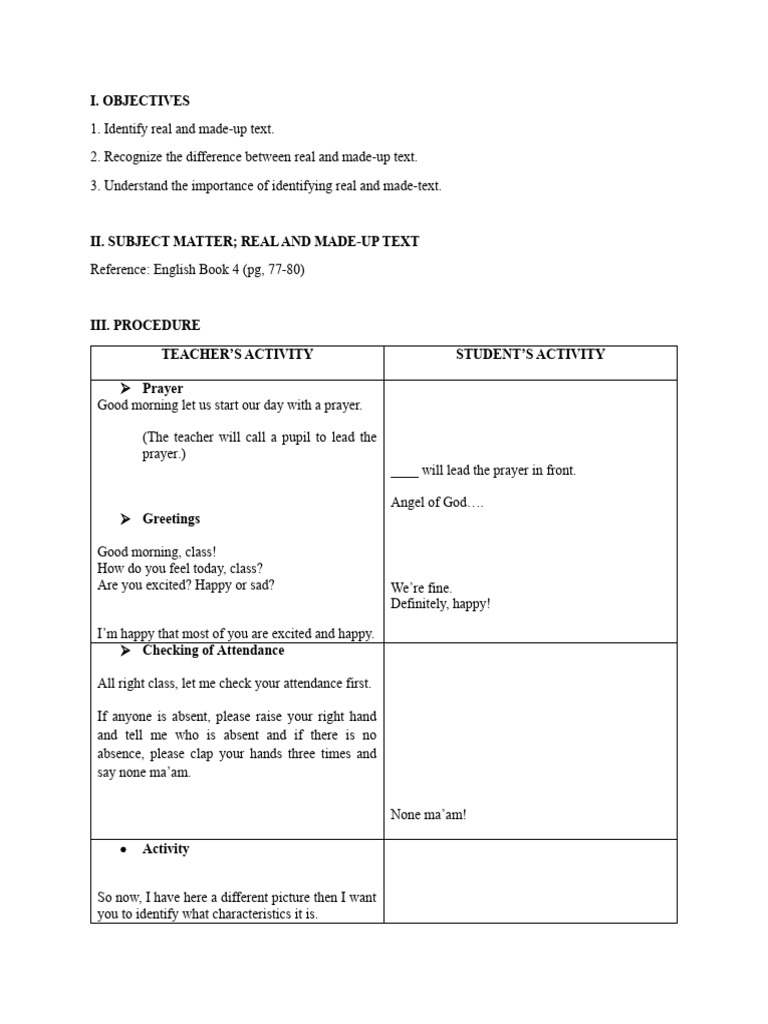 Detailed Lesson Plan in English Real and Made-Up | PDF