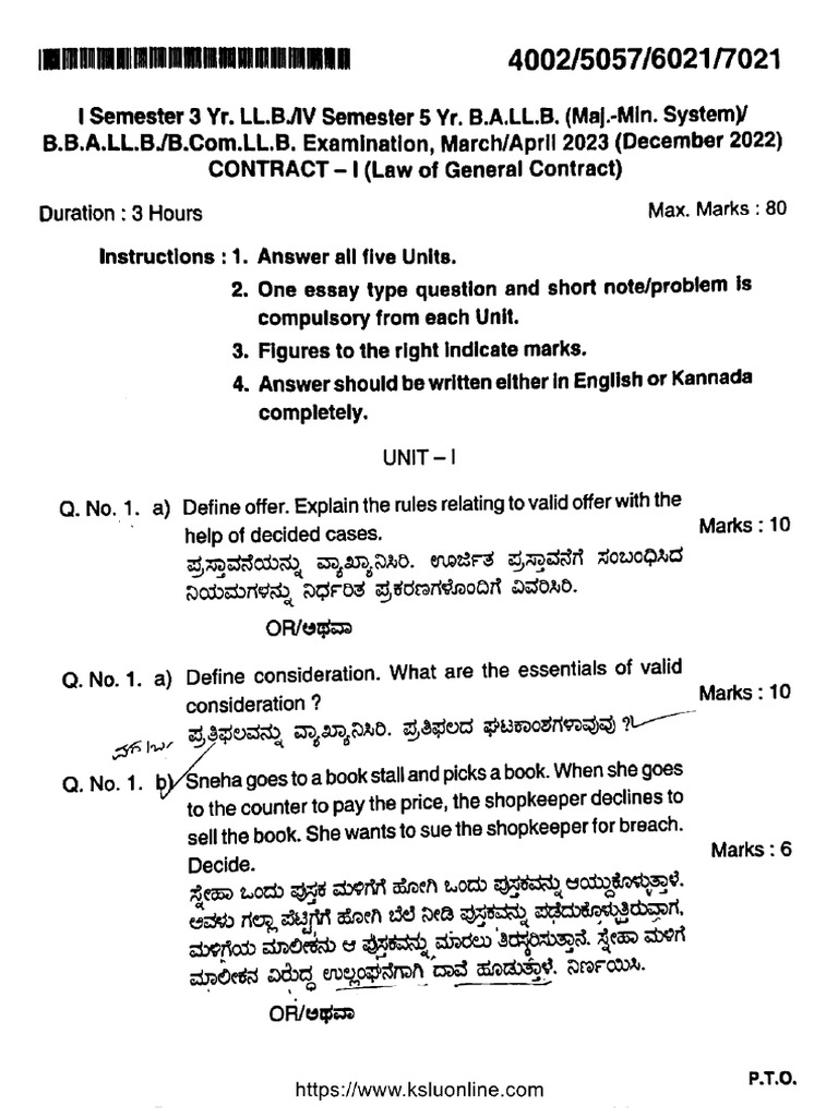 LLB 1 Sem Ballb Bballb Bcomllb 4 Sem Contract 1 Law of General Contract ...