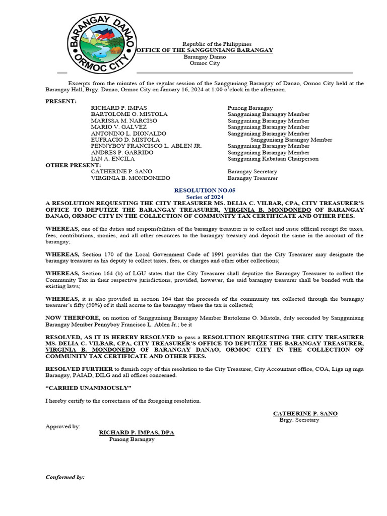 Resolution To Deputize The Barangay Treasurer | PDF | Government ...