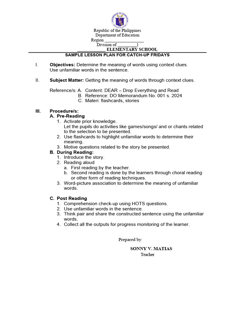 Catch-Up Friday Lesson Plan Sample | PDF