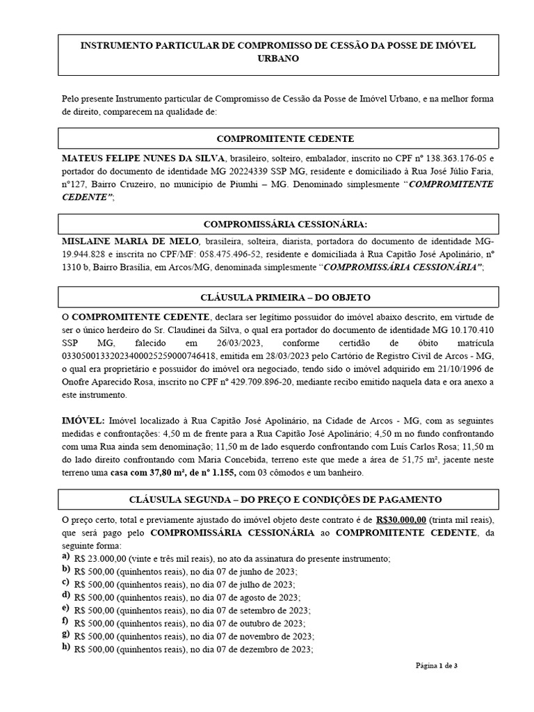 Instrumento Particular De Cessão Da Posse De Imóvel Urbano Mateus X