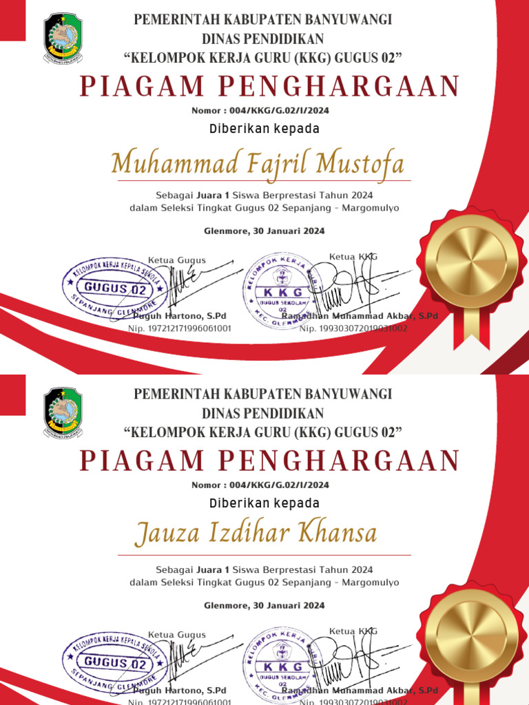 Piagam Penghargaan Siswa Berprestasi 2024 | PDF