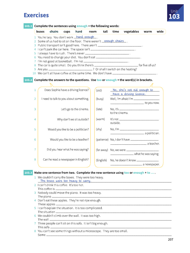 Too & Enough Exercises Student | PDF