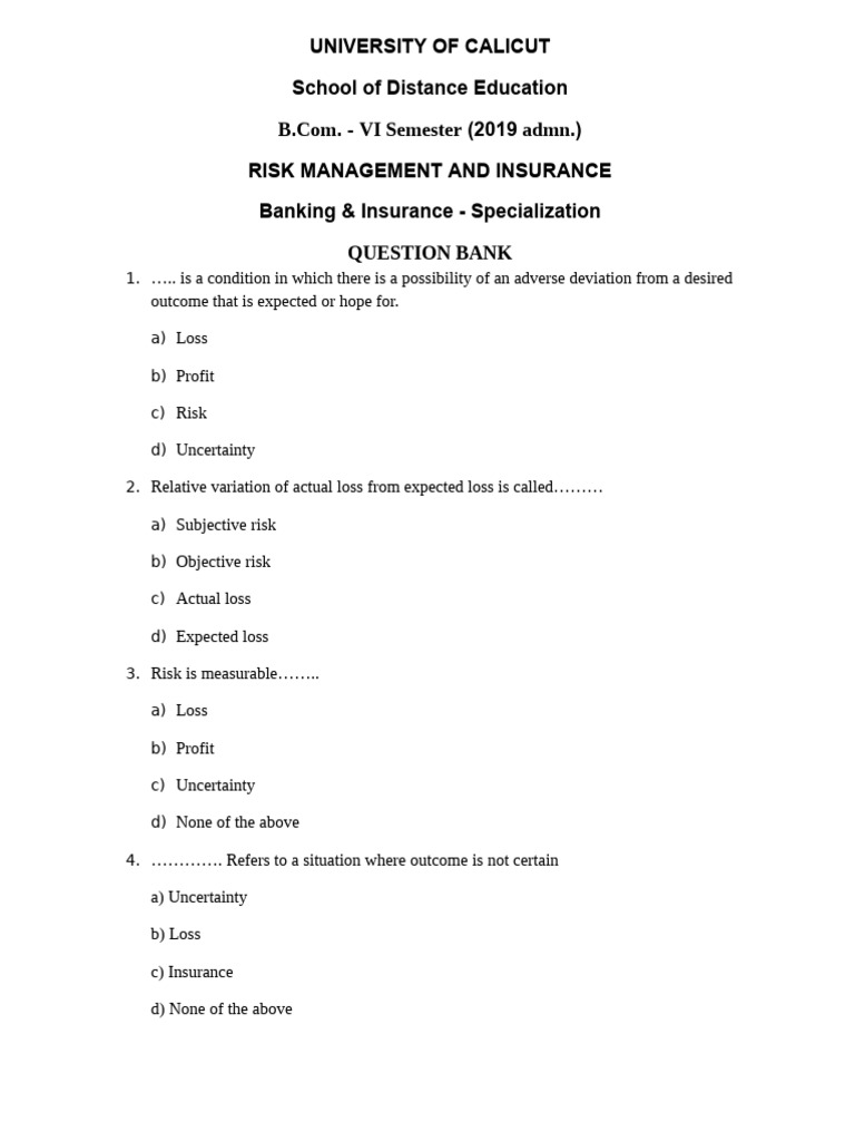 MCQ-Risk Management & Insurance | PDF