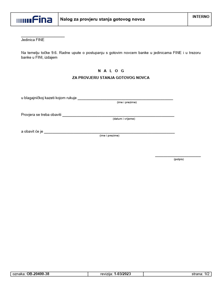 Prilog 36 - Nalog Za Provjeru Stanja Gotovog Novca | PDF