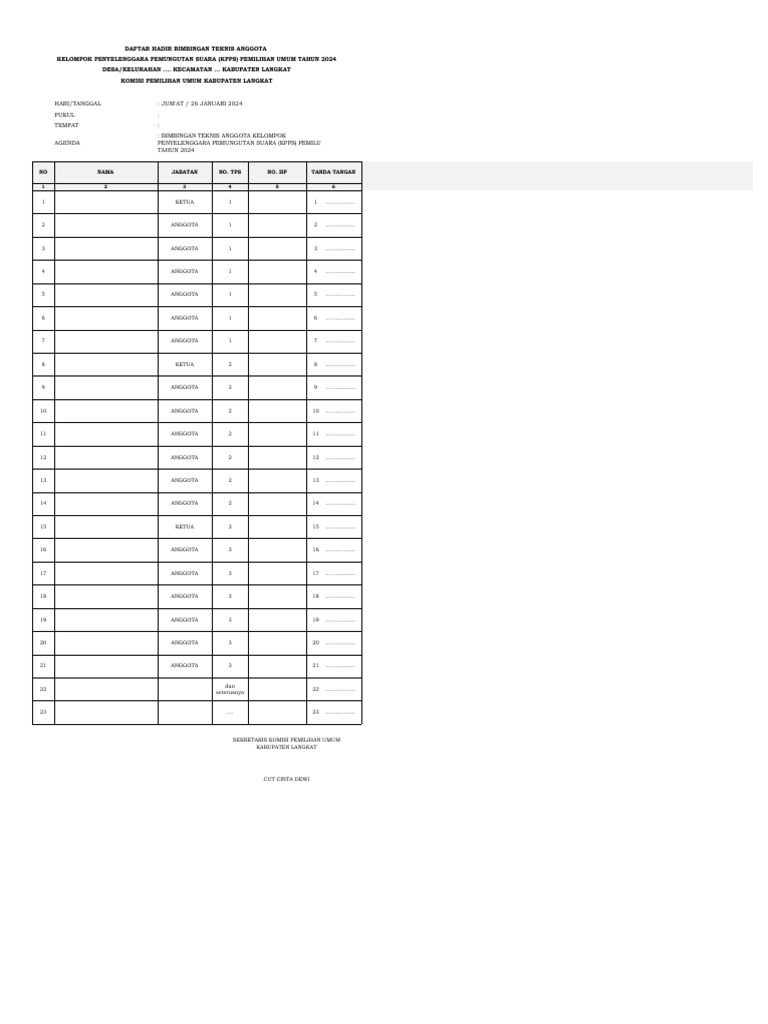 Contoh Format Absen Bimtek Kpps Pemilu 2024 | PDF | Teknologi & Rekayasa